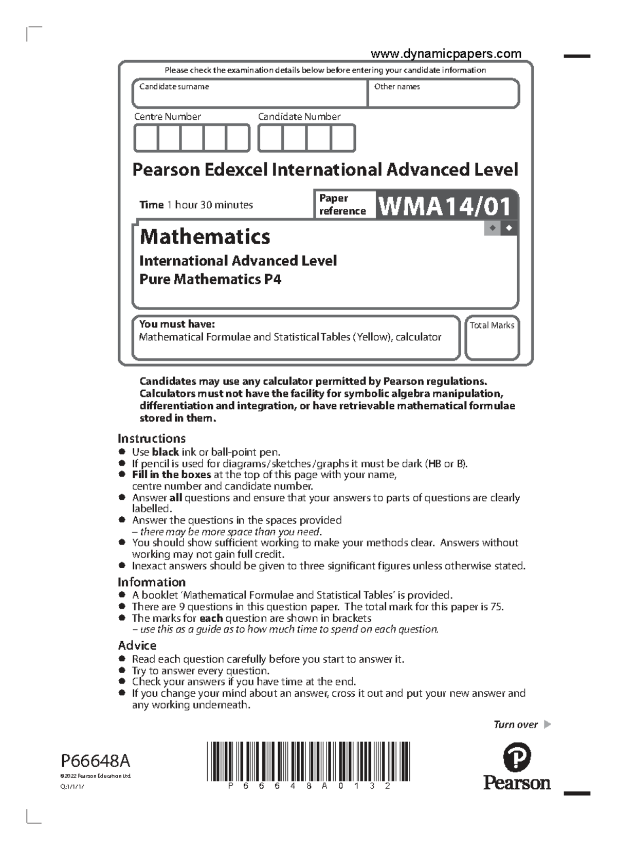 Mathematics IAL Pure Mathematics P4 Exam Instructions - Jan 2022 - Studocu