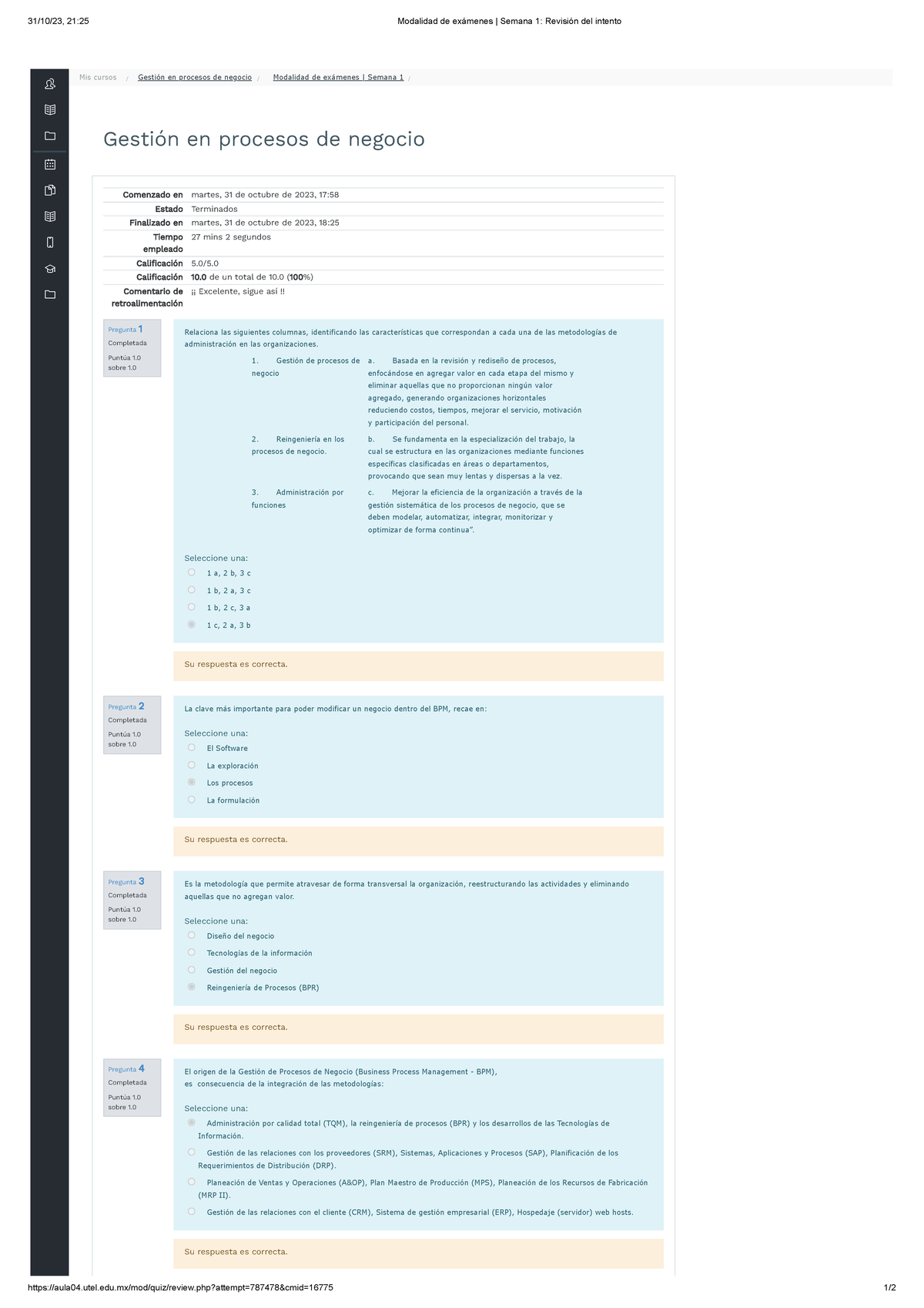 Revisión de Exámenes Semana 1 - Gestión en Procesos de Negocio - Studocu
