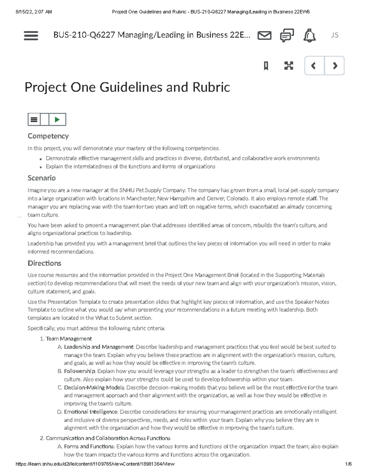 Project One Guidelines & Rubric - BUS-210-Q6227 Managing Leading 22EW6 ...