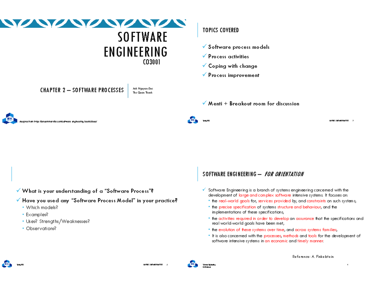 CO3001 SOFTWARE ENGINEERING CH2: SOFTWARE PROCESSES OVERVIEW - Studocu