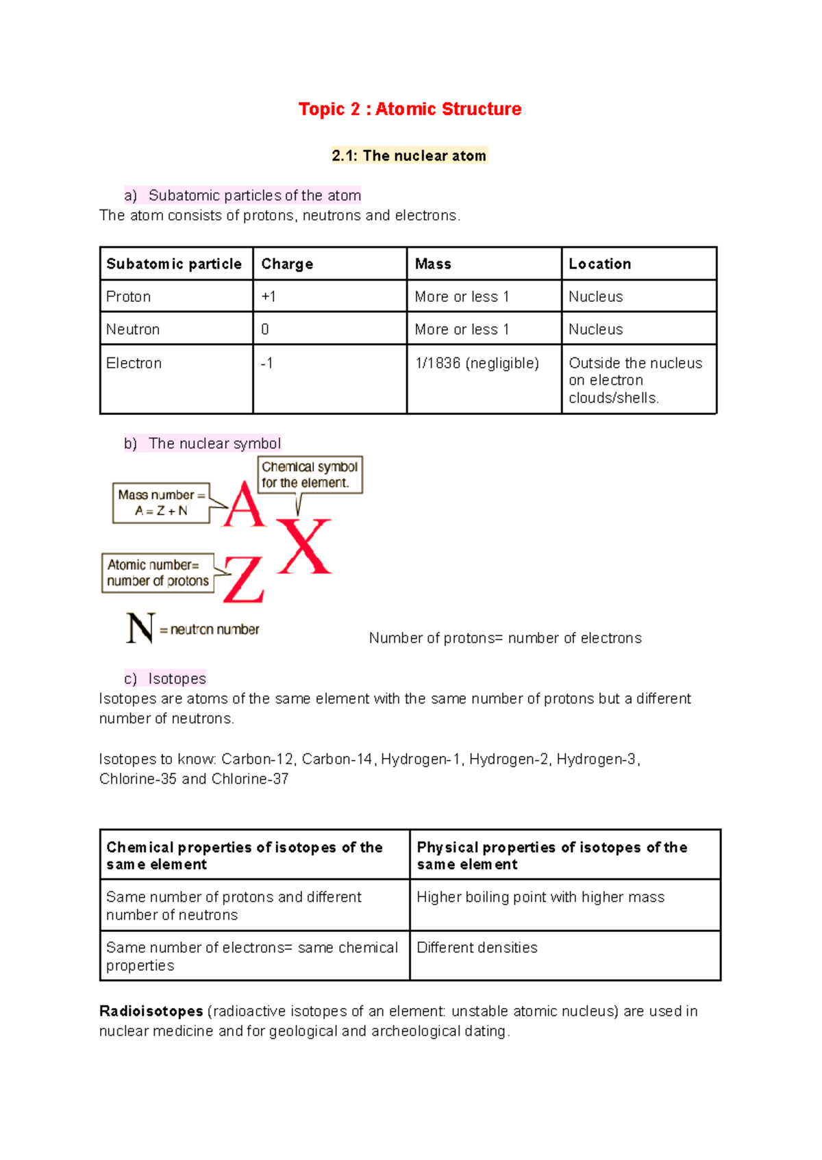 Chemsitry atomic structure notes - Topic 2 : Atomic Structure 2: The ...