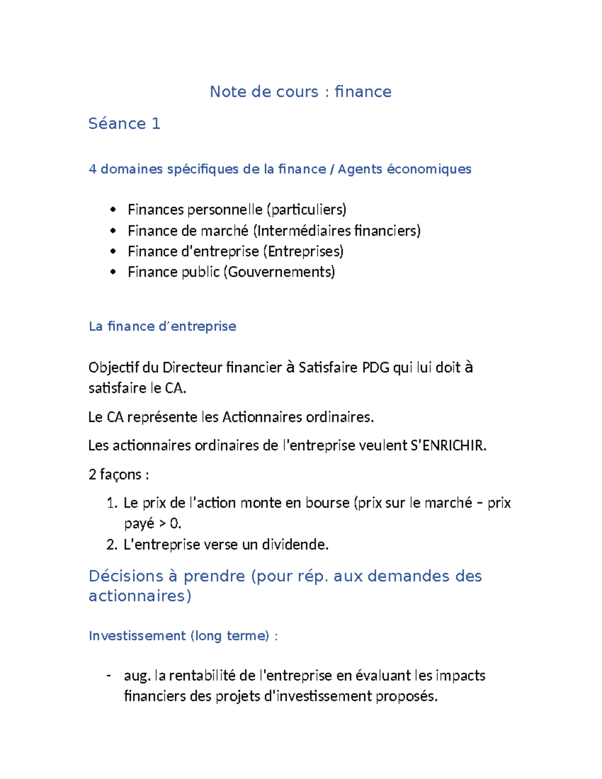 Note de cours Finance - séances 1 à 5 - Note de cours : finance Séance ...