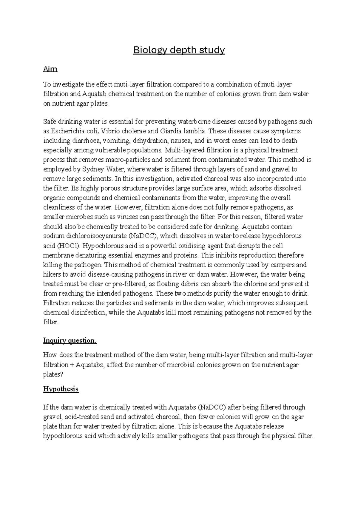 Biology Assessment 3: Water Treatment Methods and Microbial Growth ...