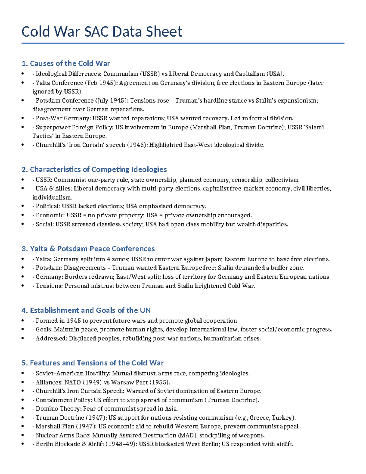 Cold War SAC Data Sheet: Causes, Ideologies, and Key Events - Studocu