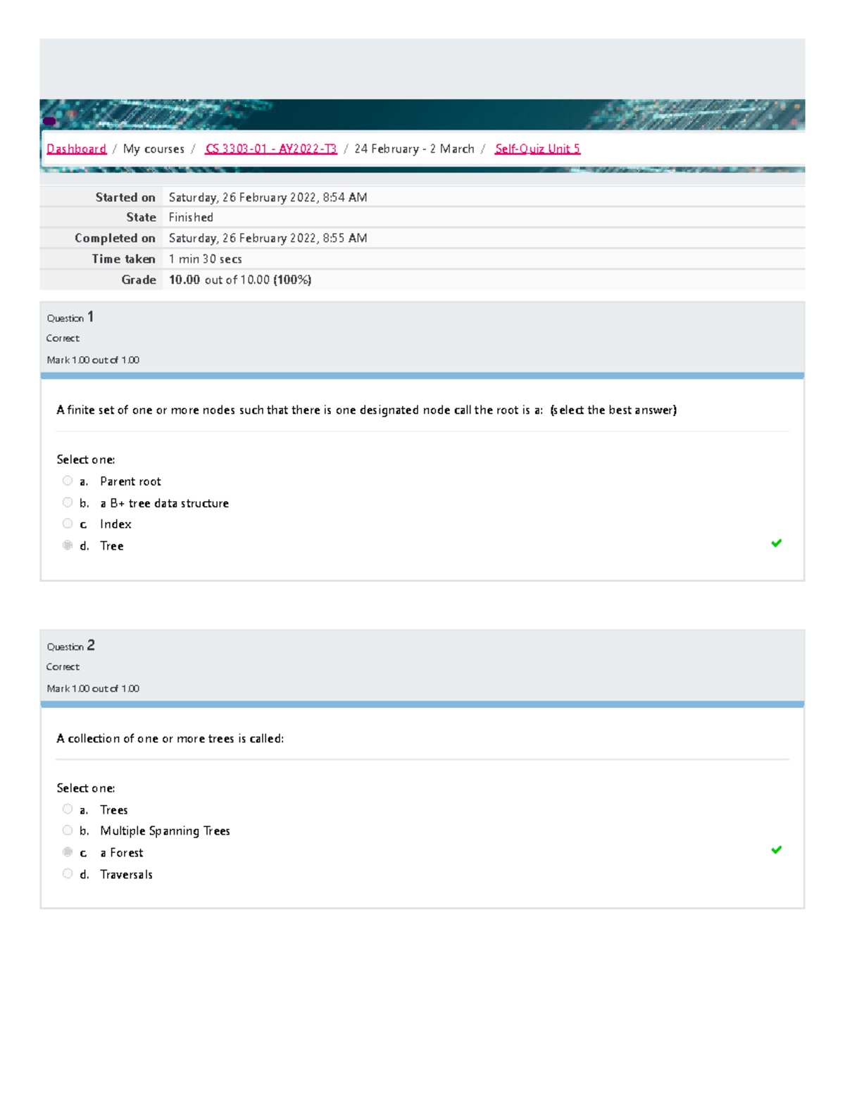 Self-Quiz Unit 5 Review for CS 3303-01 (100% Score Achieved) - Studocu