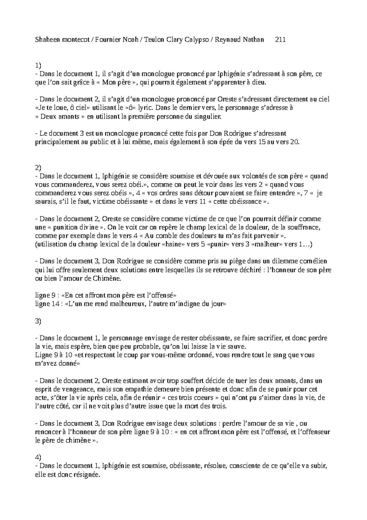Francais devoir - Shaheen montecot / Fournier Noah / Teulon Clary ...