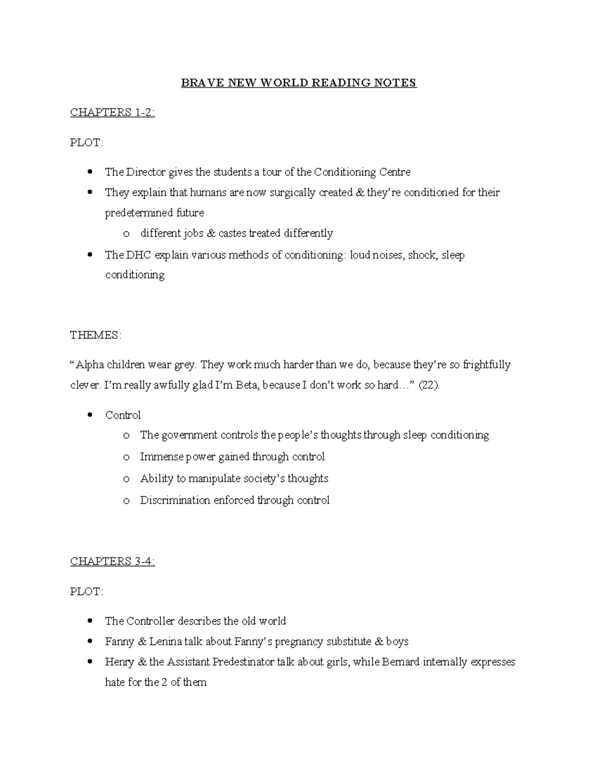 BRAVE NEW WORLD (BNW) READING NOTES: CHAPTER SUMMARIES & THEMES - Studocu