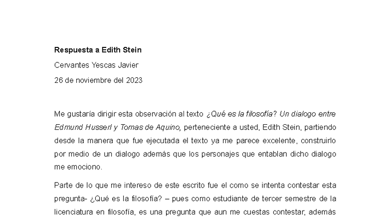 Respuesta a Edith Stein: Reflexiones sobre Filosofía y Diálogo - Studocu