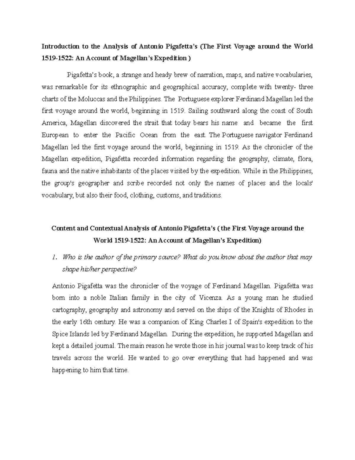 Analysis of Antonio Pigafetta's Account (1519-1522) of Magellan’s ...