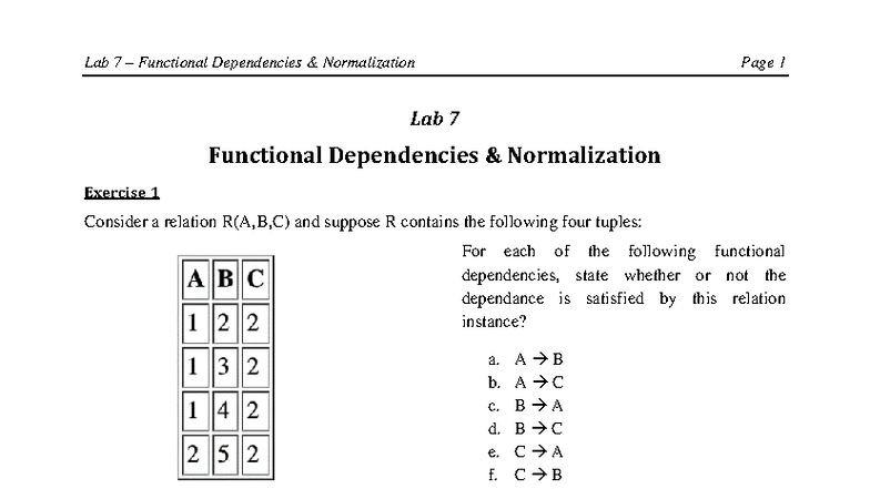 Lab 7 - Functional Dependencies & Normalization Exercises - Studocu