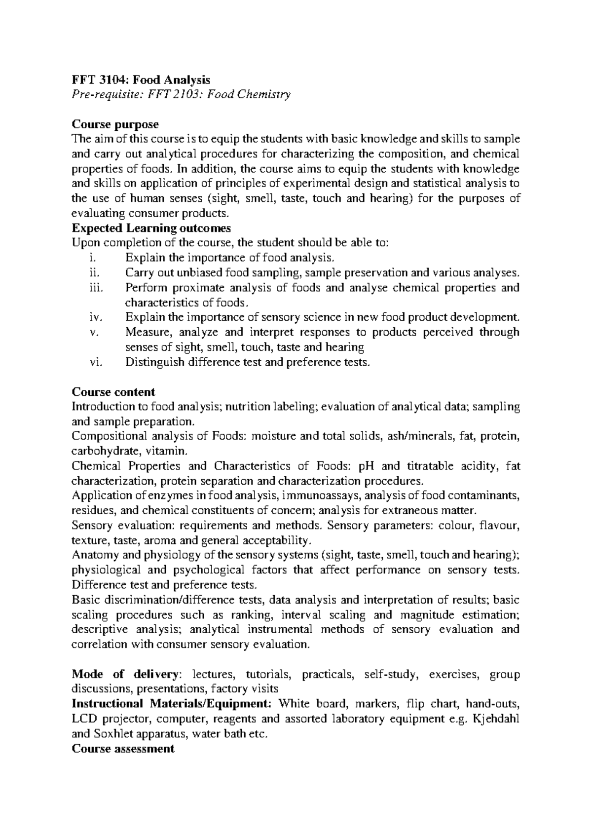 FFT 3104: Food Product Quality Analysis and Sensory Evaluation - Studocu
