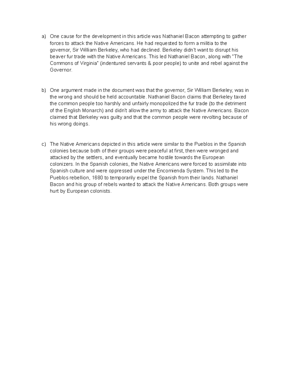 SAQ Analysis of Bacon's Rebellion: Causes and Effects - Studocu