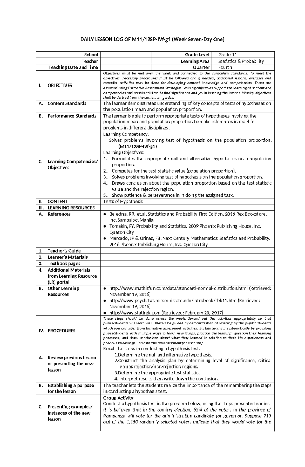 LP STAT Test of hypothesis in population proportion - DAILY LESSON LOG ...