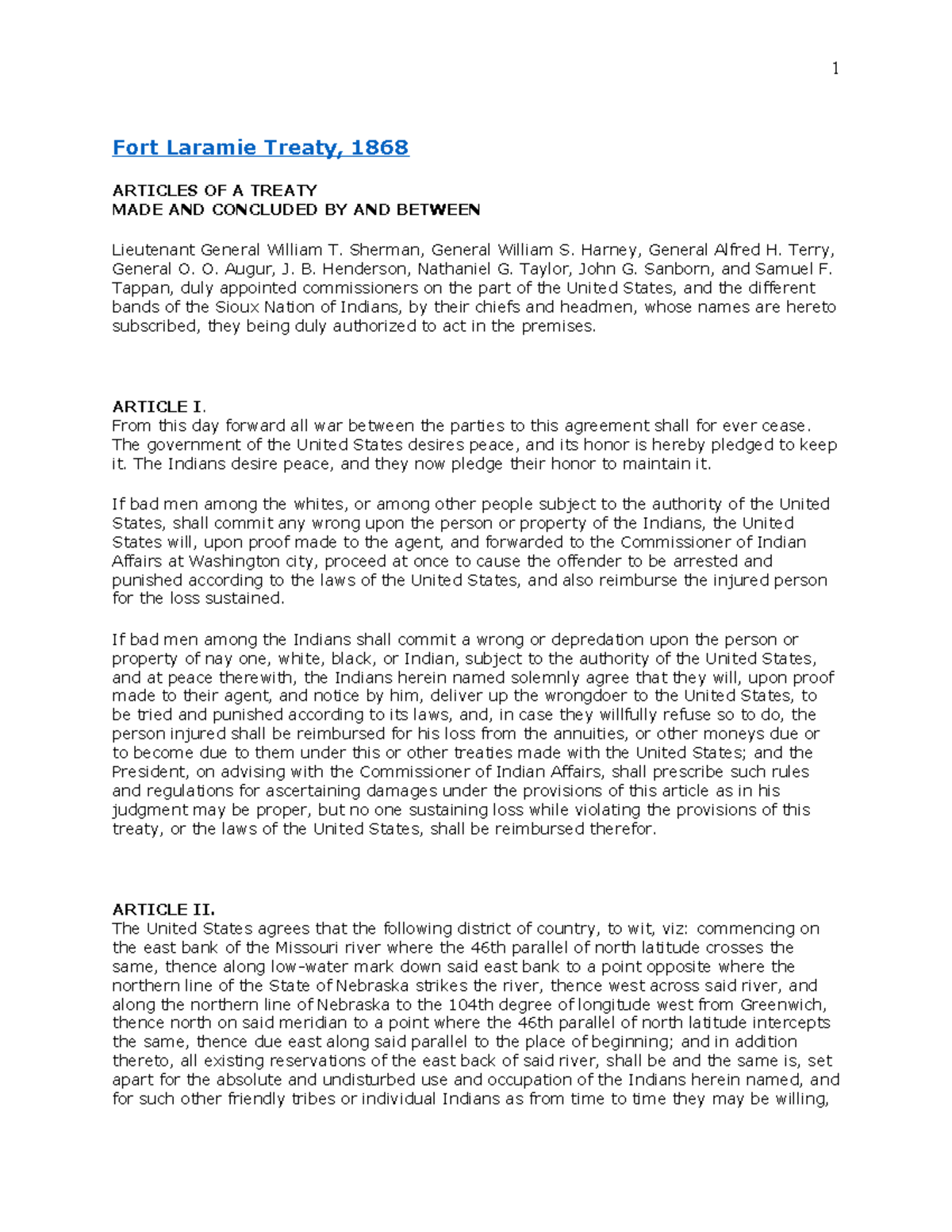 Fort Laramie Treaty - READ - Fort Laramie Treaty, 1868 ARTICLES OF A ...