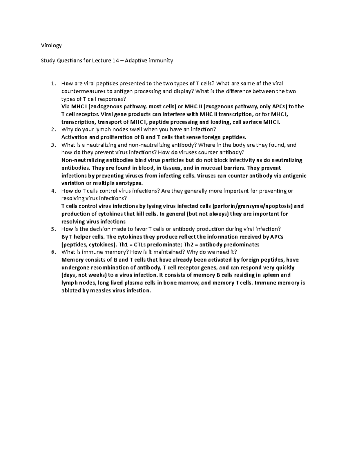 Virology Study Questions for Lecture 14: Adaptive Immunity Insights ...