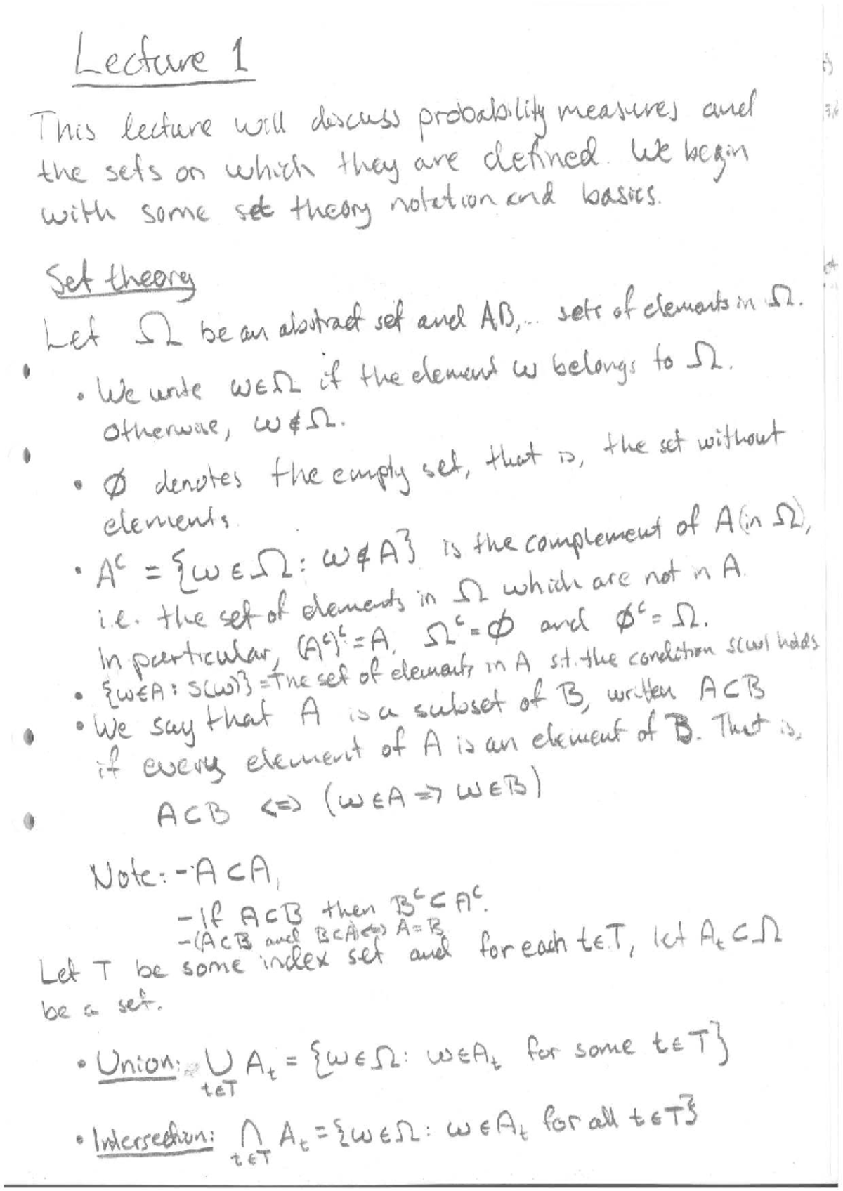 Lecture 1: Introduction to Probability Measures and Set Theory - Studocu