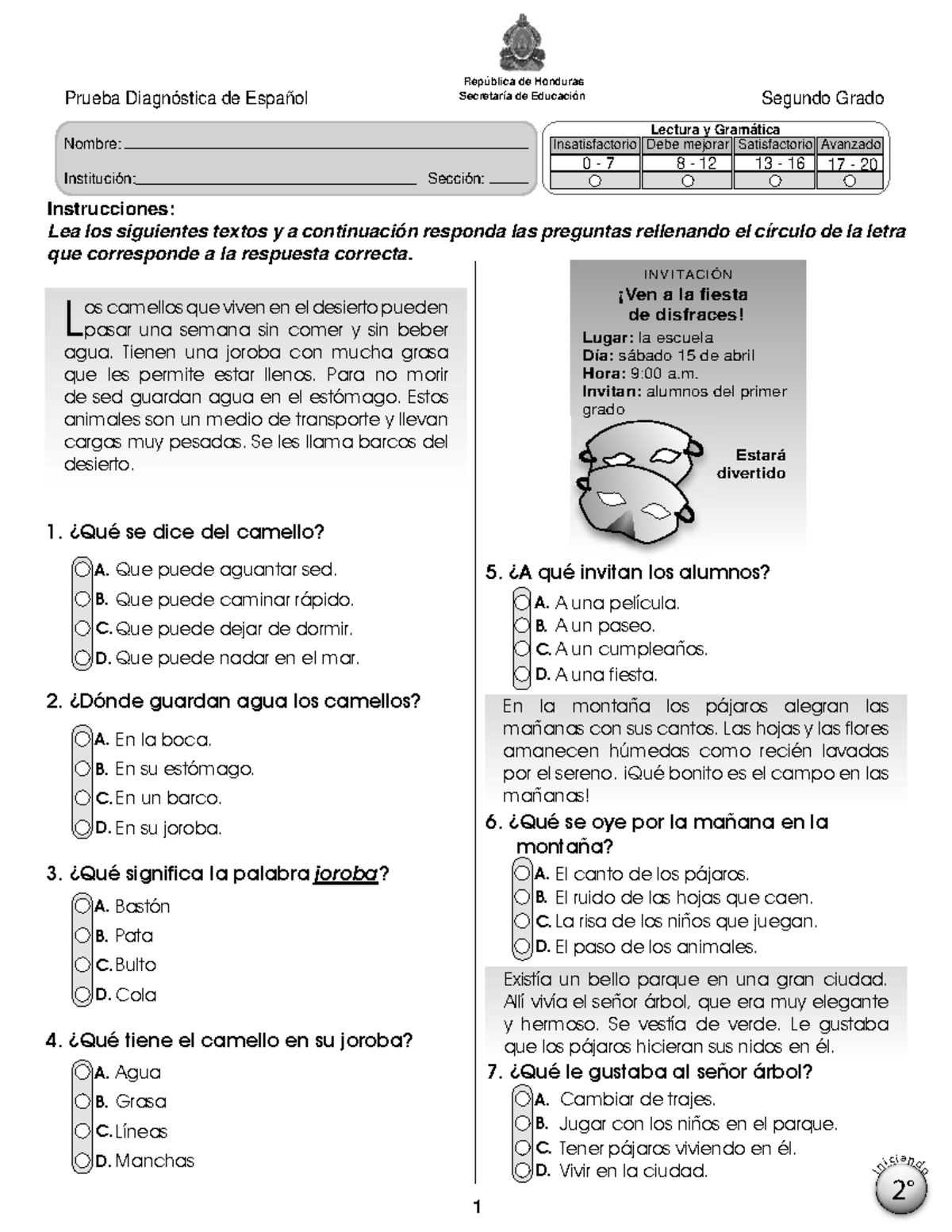 Prueba Diagnóstica de Español de 2° Grado Versión 2011 - A. Que puede ...