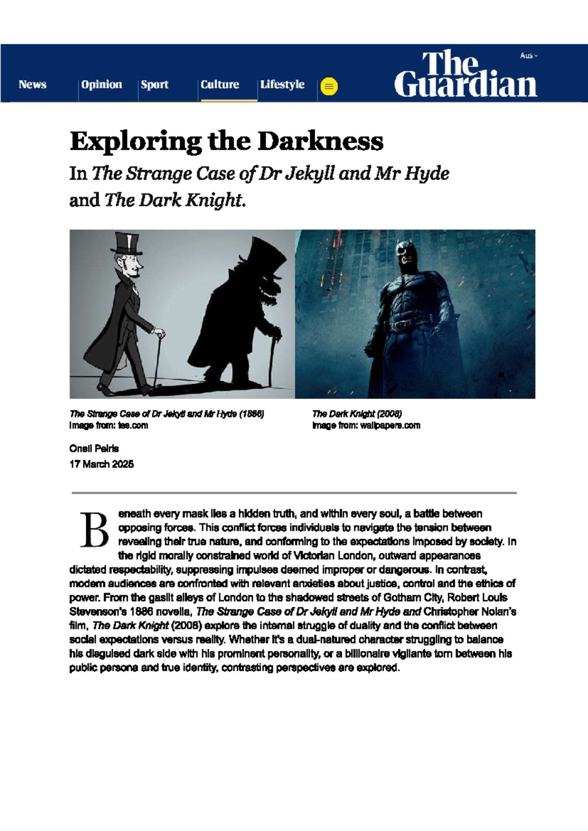 FA1 Essay: Analyzing Duality in Dr. Jekyll and The Dark Knight - Studocu