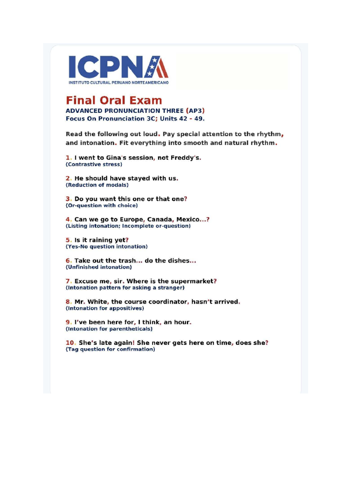 ICPNA AP3 Final Oral Exam: Focus on Pronunciation Units 42-49 - Studocu