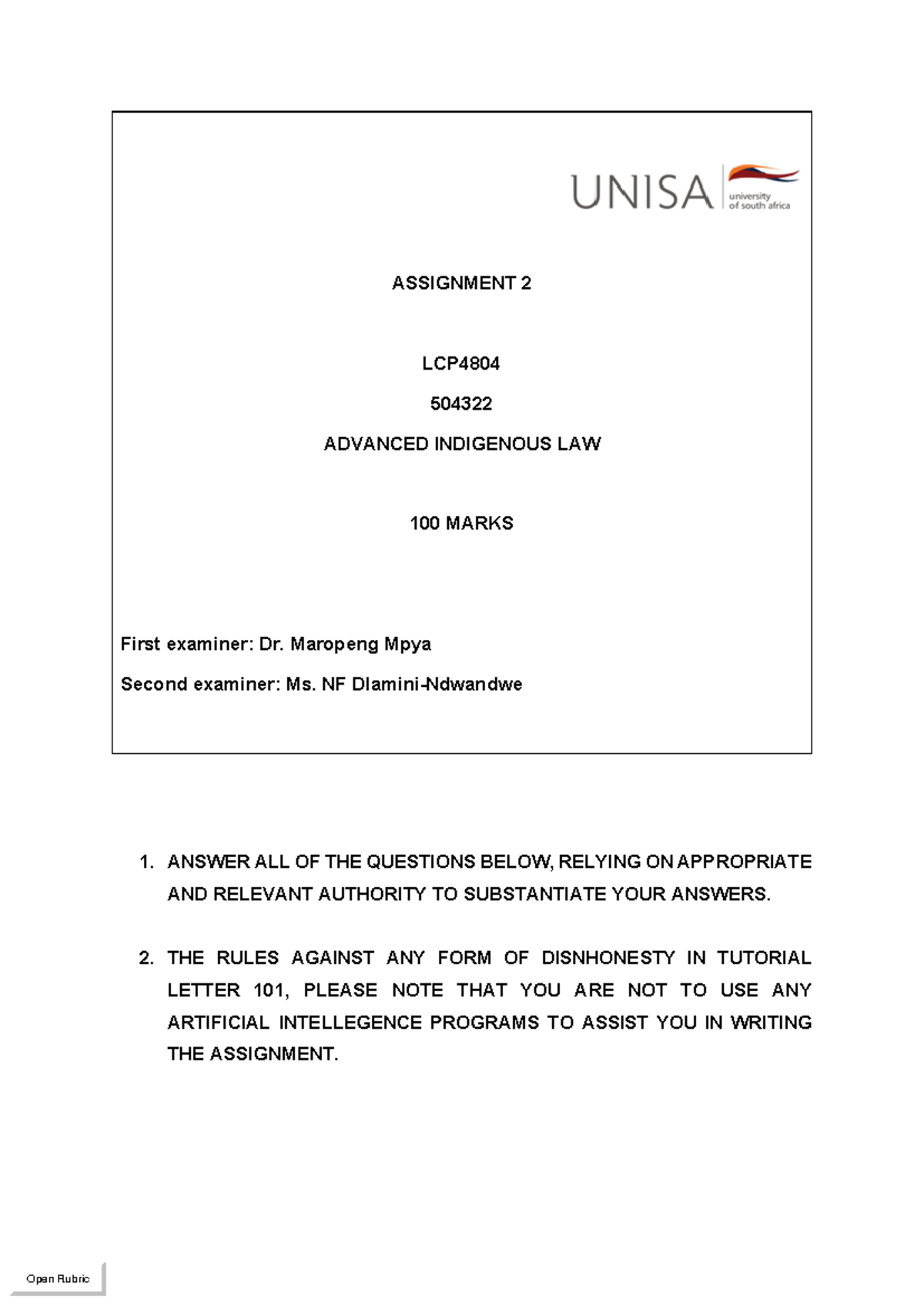 Assignment 2 LCP4804: Advanced Indigenous Law (100 Marks) - Studocu