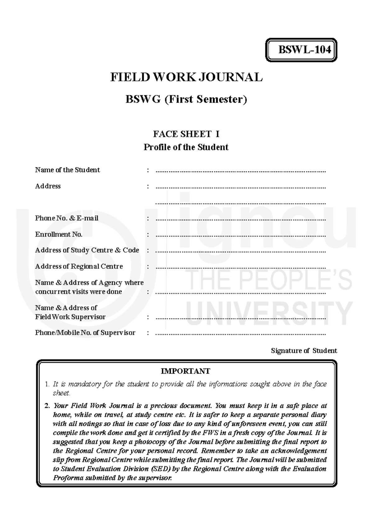 BSWL-104 Field Work Journal for BSWG First Semester Practicum - Studocu