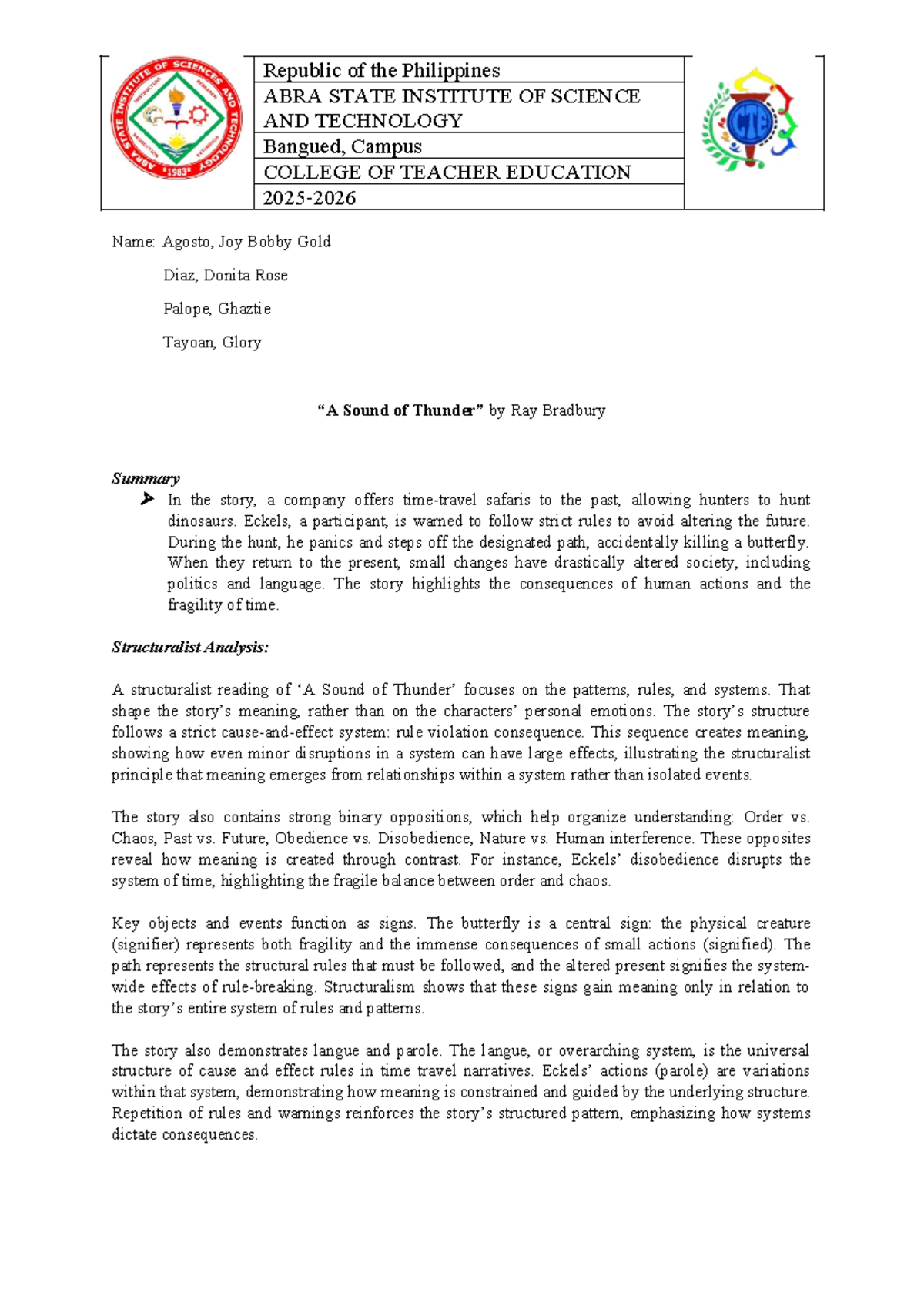 Structuralism Analysis of Ray Bradbury's "Sound of Thunder" - Studocu