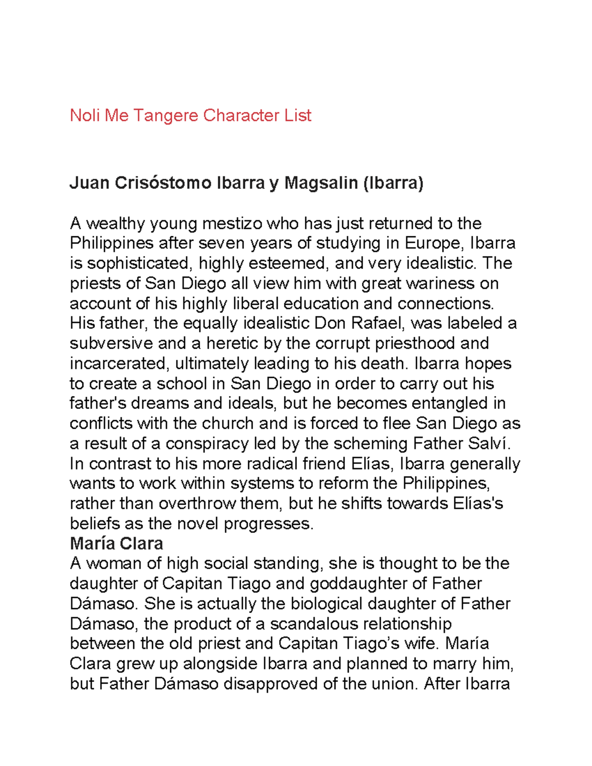 NOLI Me Tangere & El Filibusterismo Character Analysis Guide - Studocu