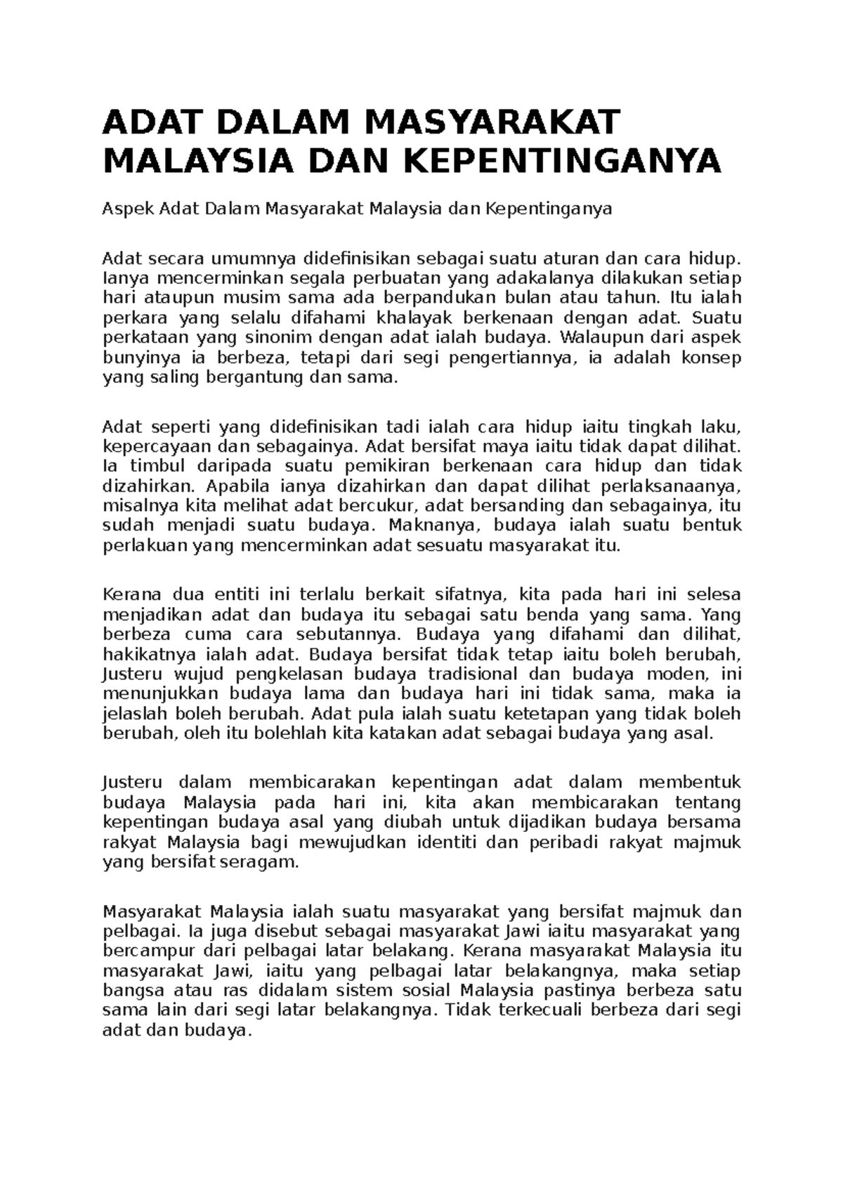 Kepentingan Adat Dalam Pembentukan Identiti Masyarakat Malaysia - Studocu