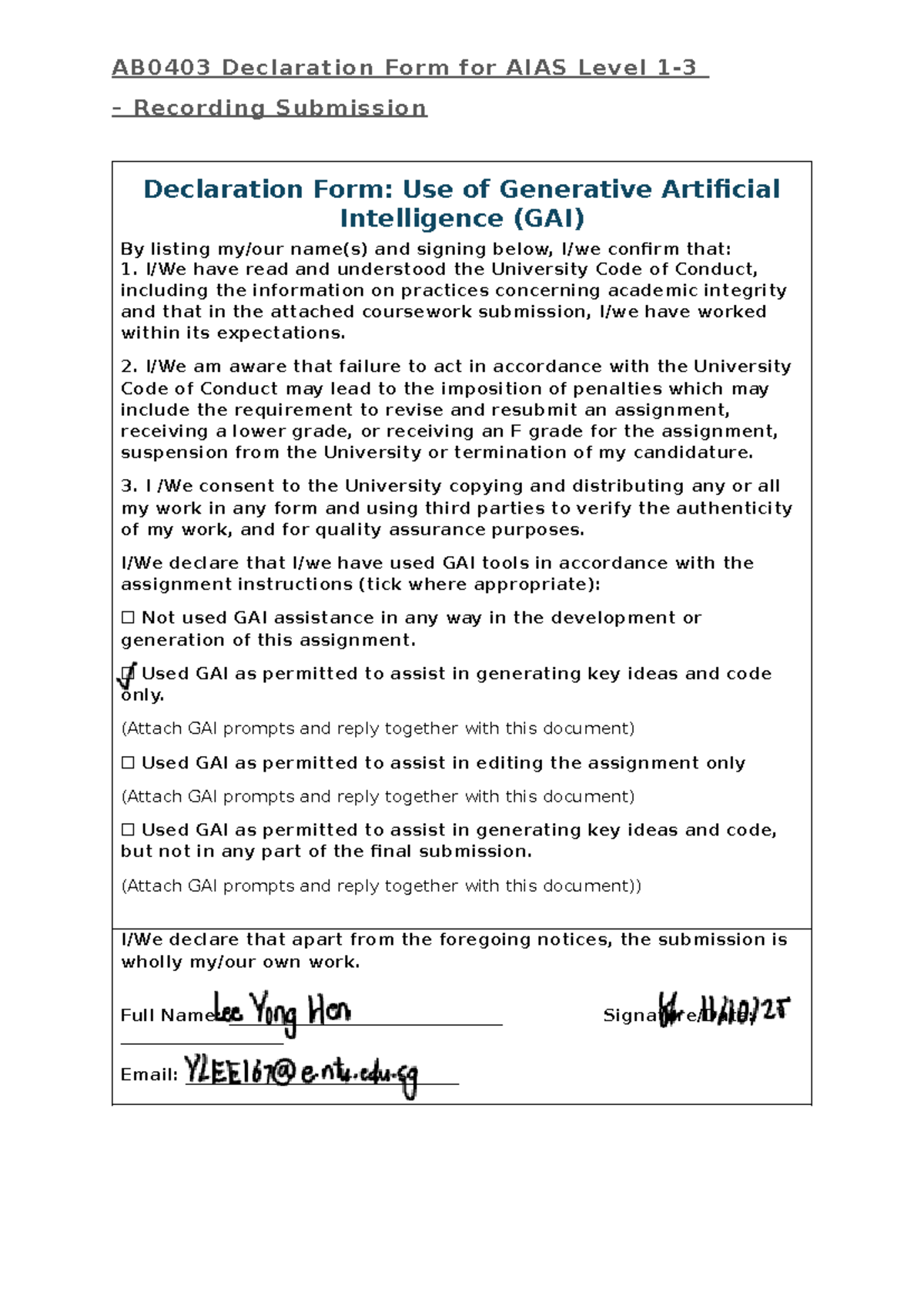 AB0403 Gen AI Declaration Form for Coursework Submission - Studocu