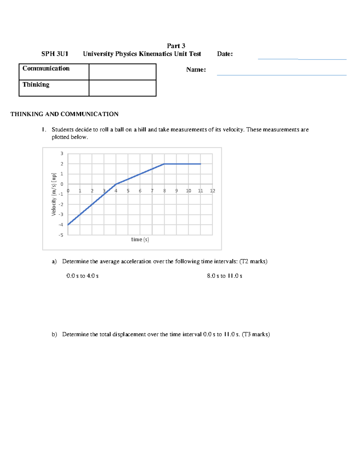 SPH 3U1 Kinematics Unit Test: Velocity, Acceleration & Displacement ...
