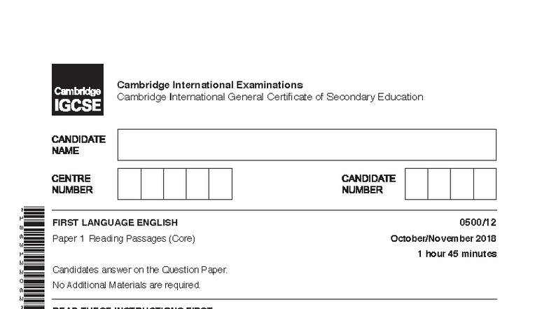 Cambridge IGCSE 1 8 6 3 1 2 2 0 6 2 First Language English Paper 1 ...