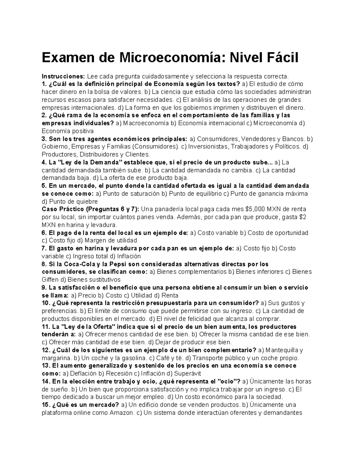 Examen de Microeconomía (Nivel Fácil) - Preguntas y Respuestas - Studocu