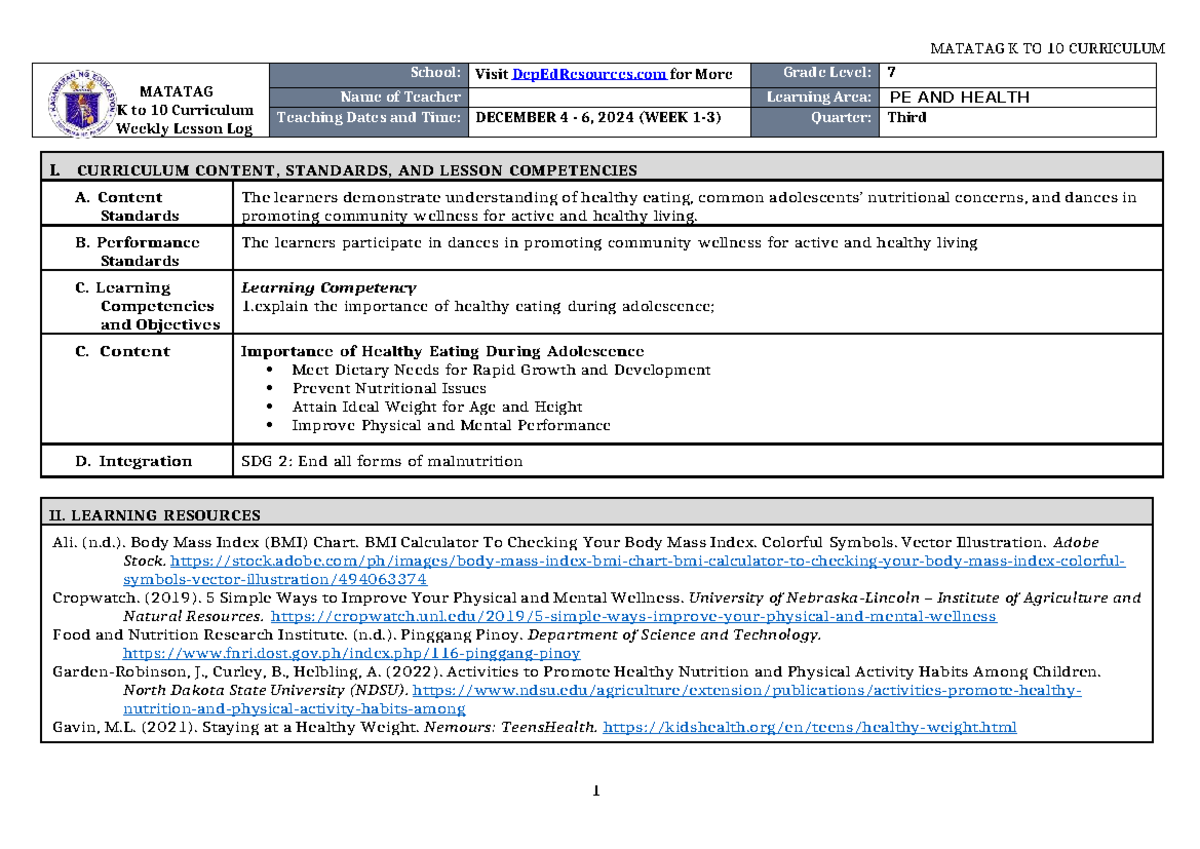 DLL Matatag PE& Health 7 Q3 W1-3 - MATATAG K to 10 Curriculum Weekly Lesson Log School: Visit ...