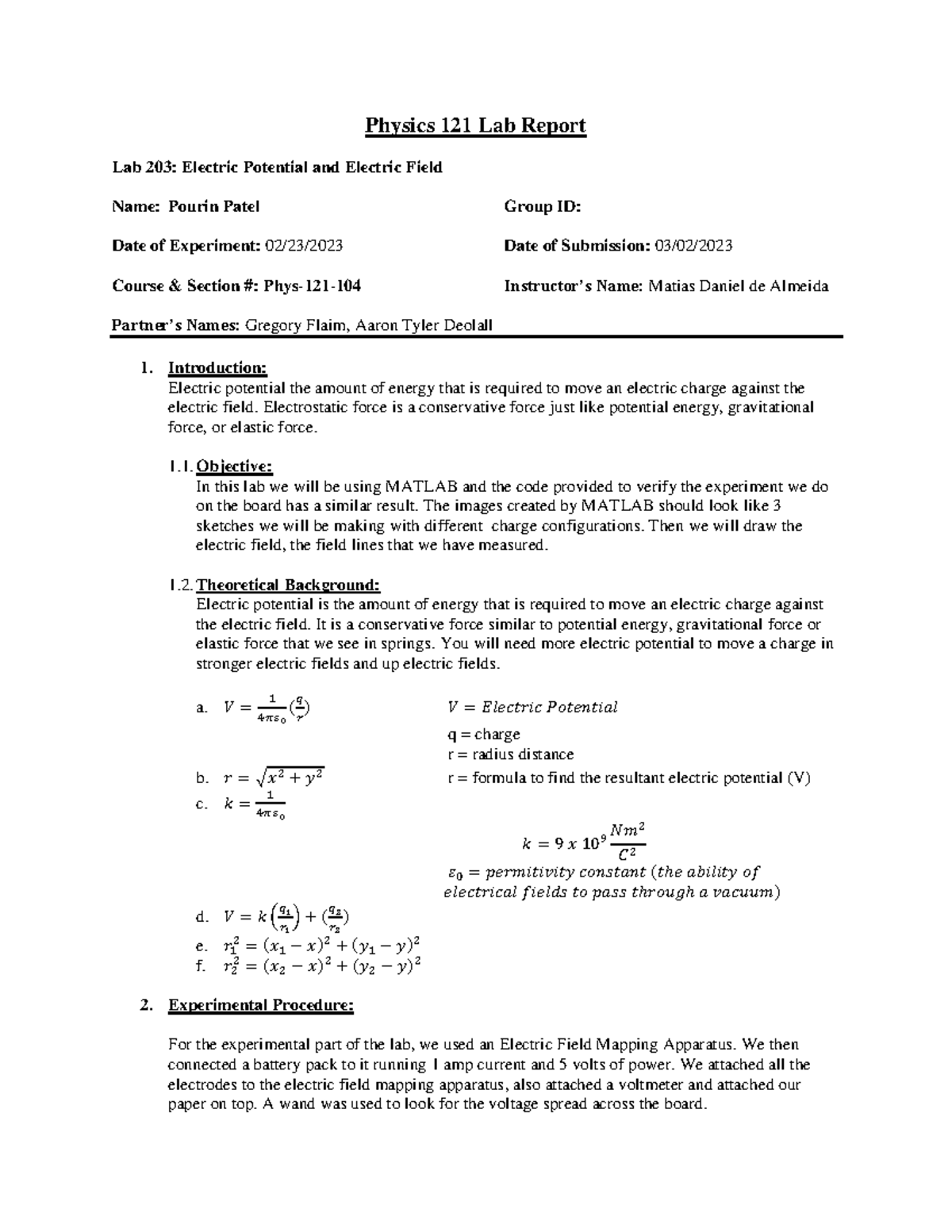 Physics 121 Lab 203: Exploring Electric Potential & Field Dynamics ...