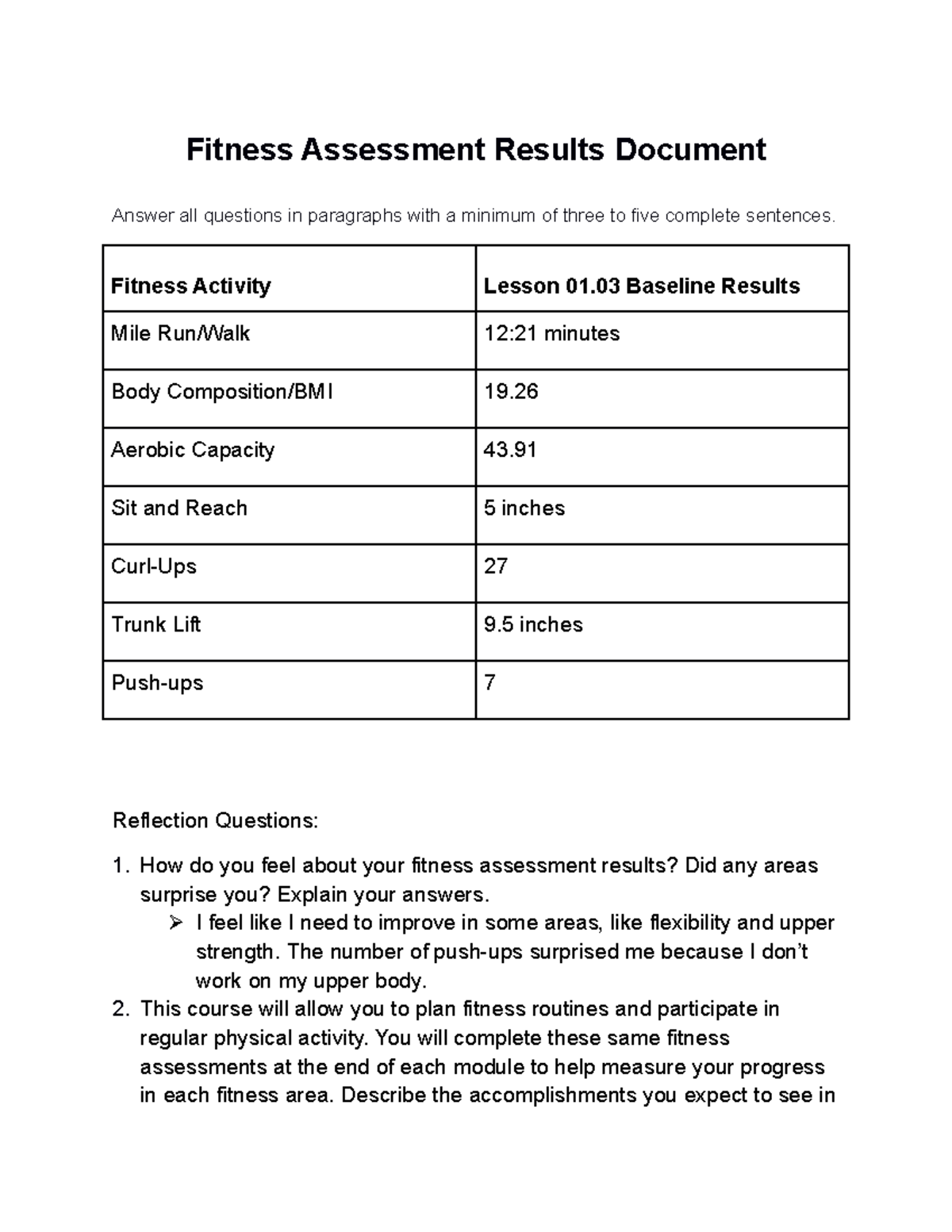 Fitness Assessment Results for Lesson 01.03: Personal Reflection - Studocu