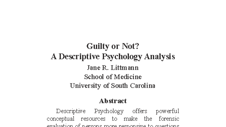 Descriptive Psychology in Forensic Evaluation: Case Analysis (MED 101 ...