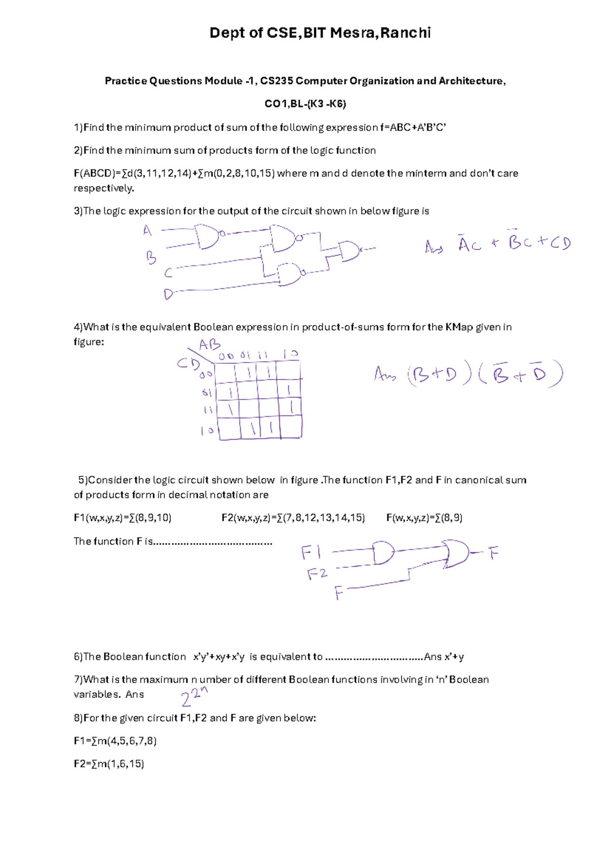 Module 1 COA - PRACTICE QUESTION - Practice Questions Module - 1, CS235 ...