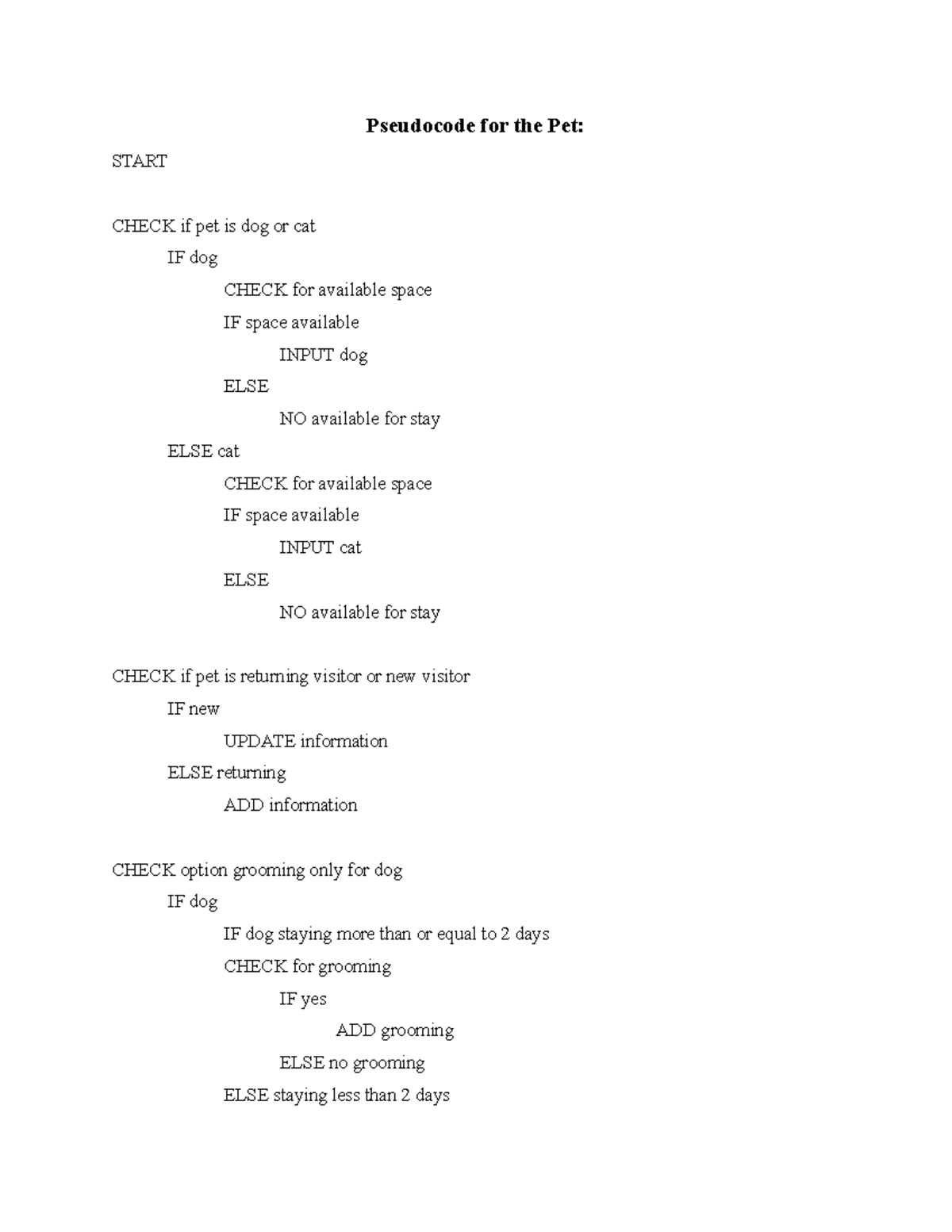 1-6 Milestone- Pseudocode and Flowchart - Pseudocode for the Pet: START ...