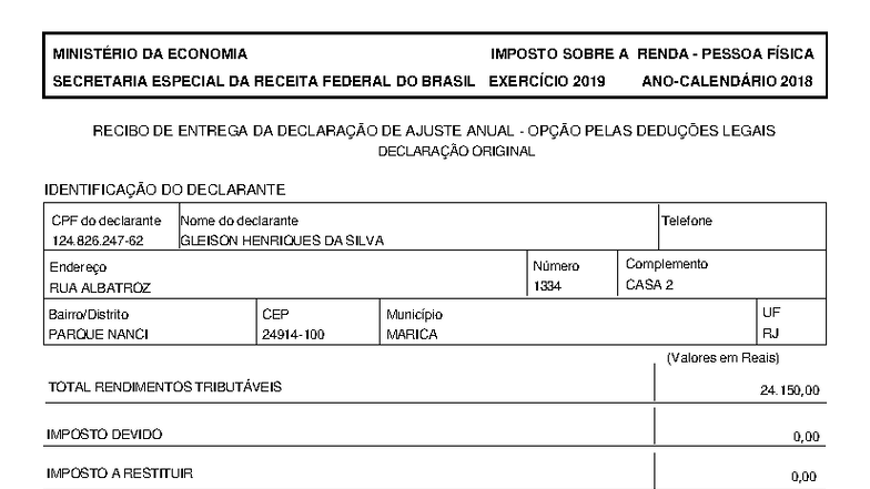 Recibo de Entrega da Declaração IRPF 2019/2018 - Gleison H. da Silva ...