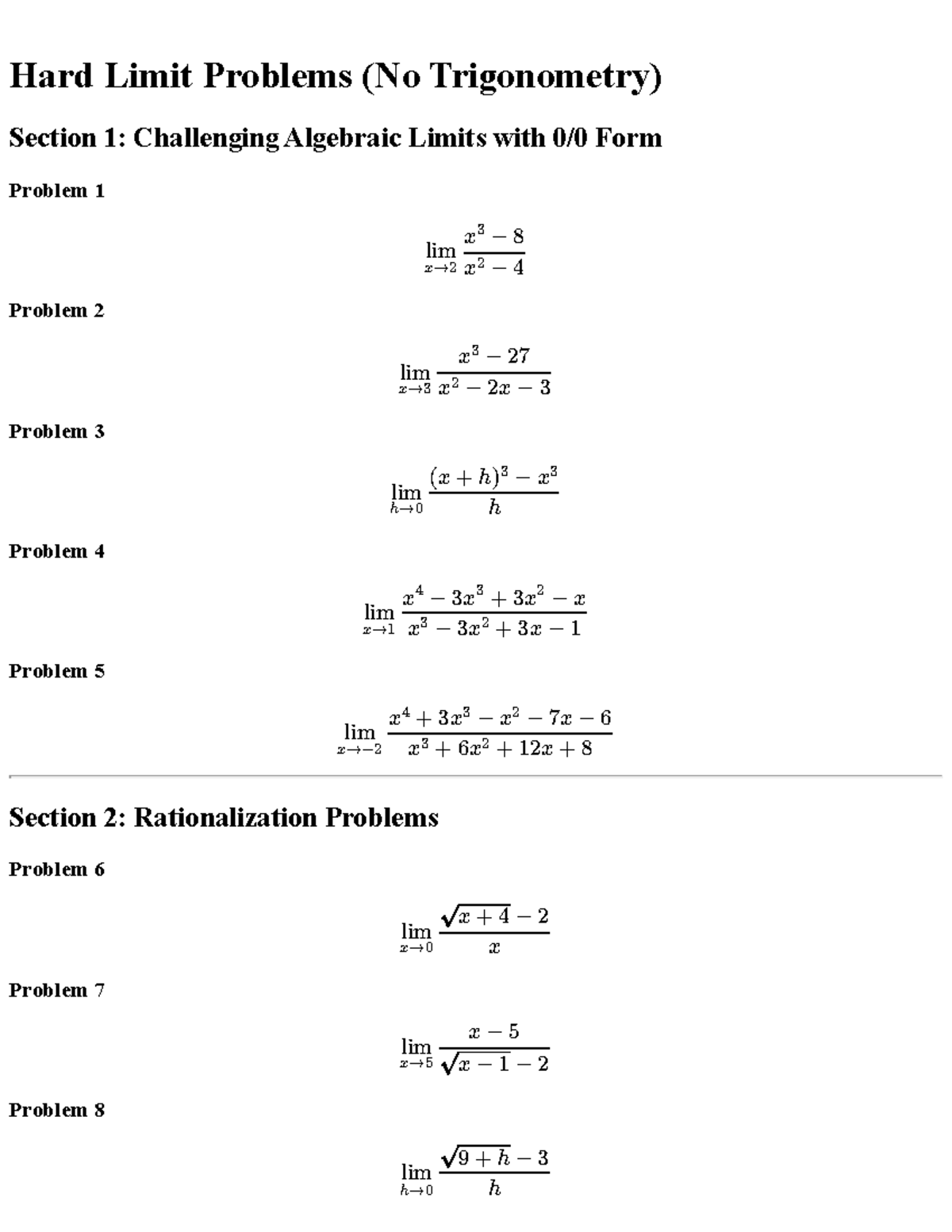 Hard Limit Problems Collection (No Trig) - Studocu