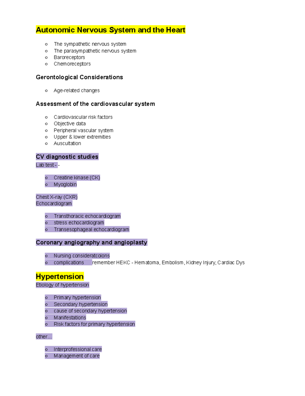 Week 6 Planner: Autonomic Nervous System & Cardiovascular Care Notes ...