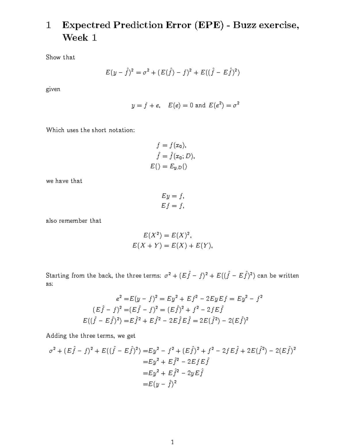 EPE Buzz Exercise (Week 1): Deriving Expected Prediction Error - Studocu
