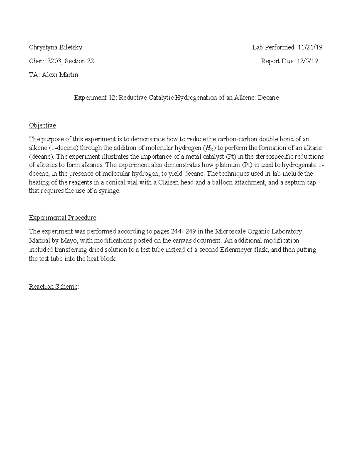 Chem 2203 Lab Report 12: Reductive Hydrogenation of Decane Experiment ...
