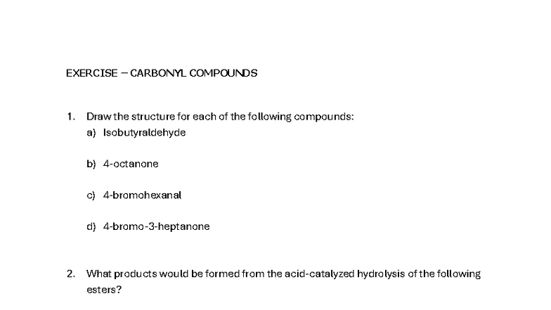 Exercise on Carbonyl Compounds - CHM 101 - Studocu