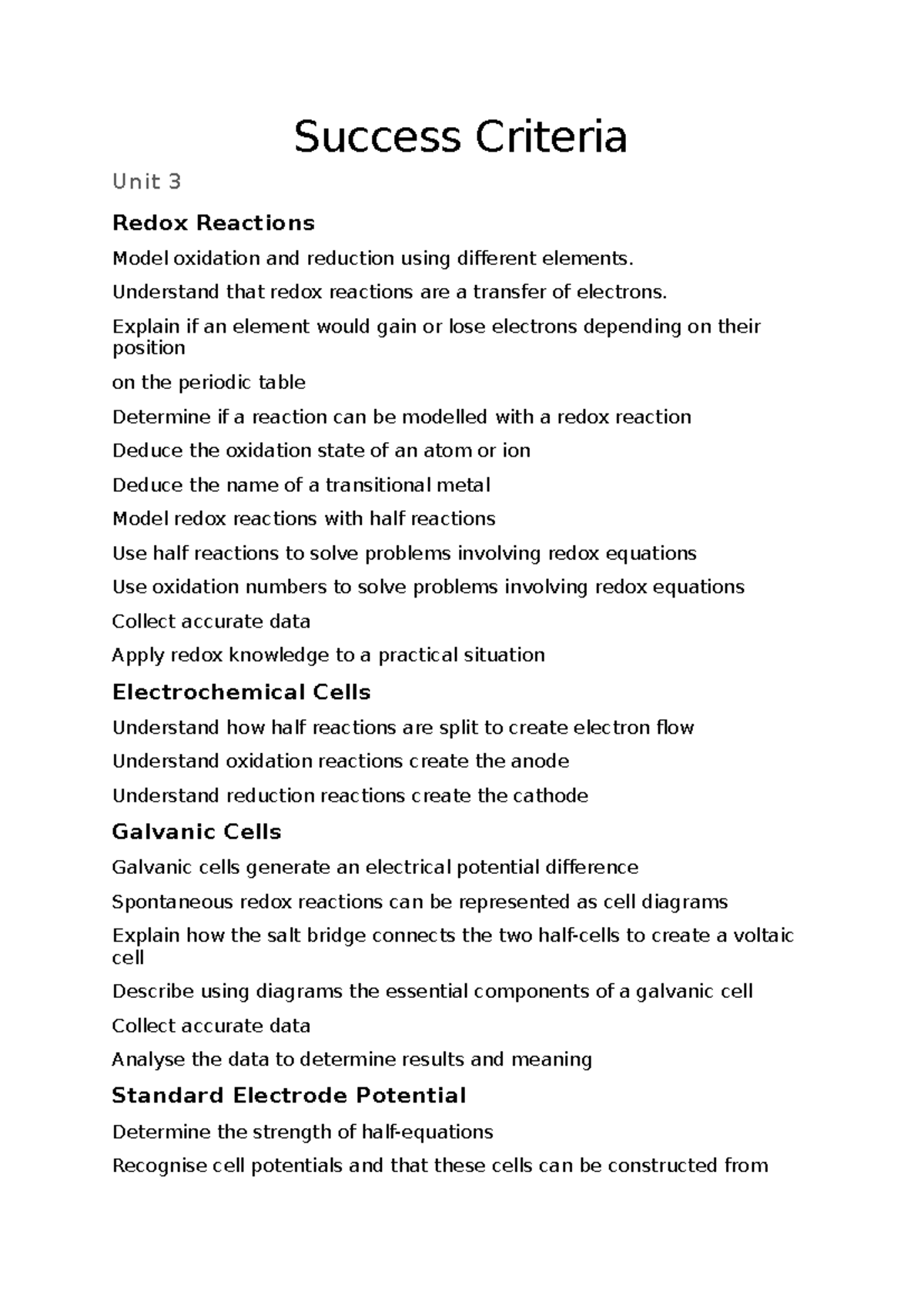 Chem 101 Success Criteria: Redox Reactions & Organic Compounds - Studocu