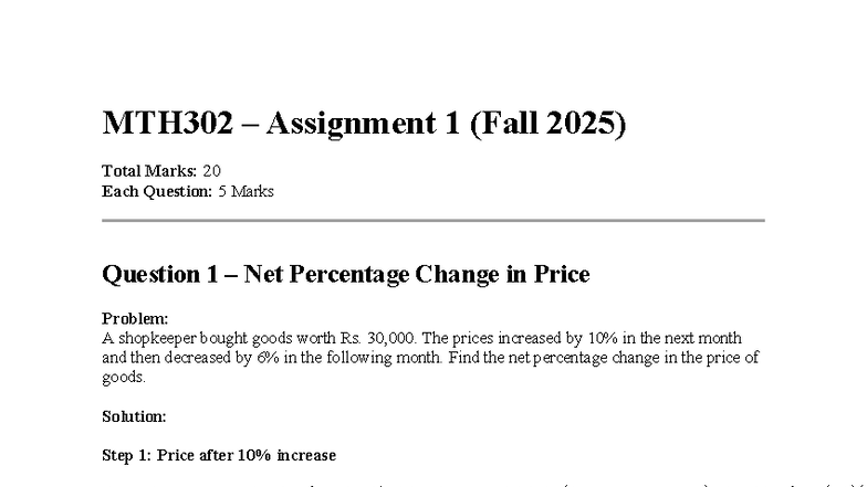 MTH302 Assignment 1: Net Percentage Change & Earnings Calculations ...