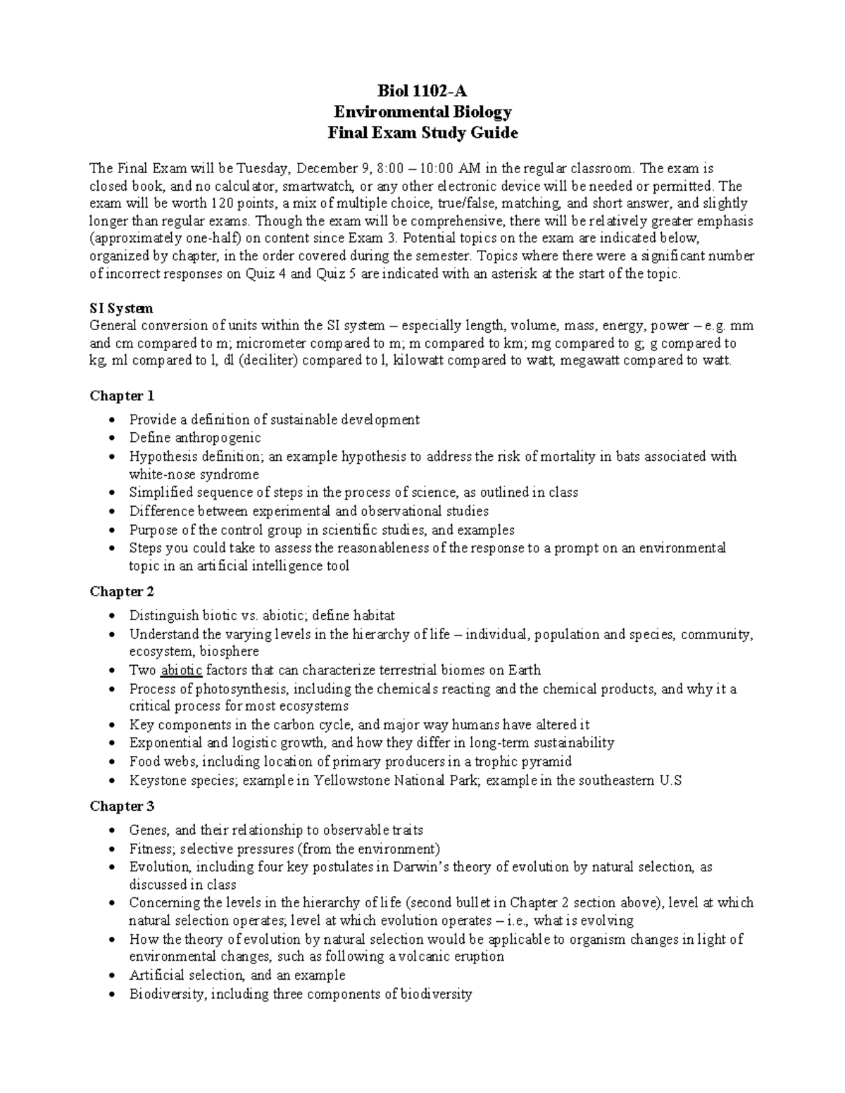 Biol 1102-A Environmental Biology Final Exam Study Guide - Studocu