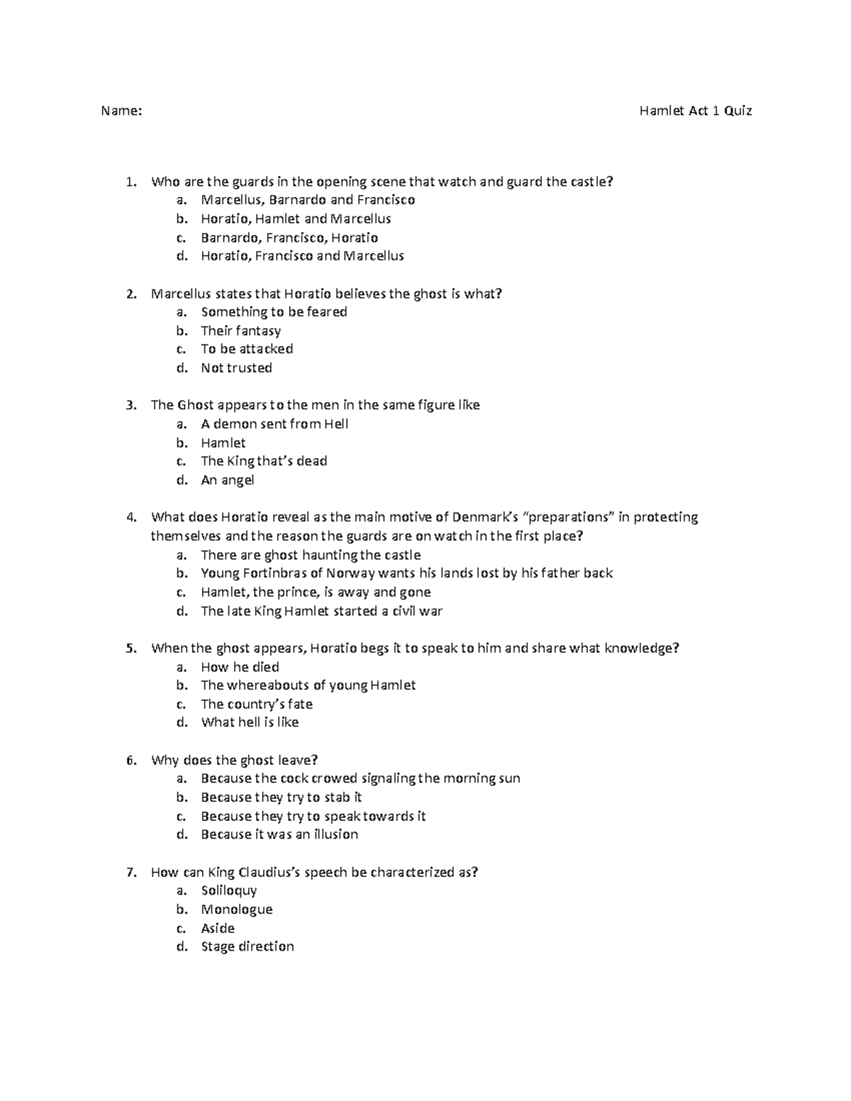 Hamlet Act 1: Multiple Choice Quiz (ENG 101) - Studocu