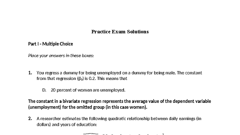 Econometrics Midterm 2 Practice Exam #3 Solutions - Studocu