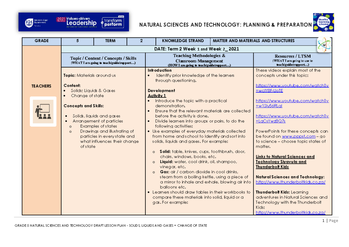 Grade 5 Natural Sciences & Tech: Lesson Plan on States of Matter - Studocu